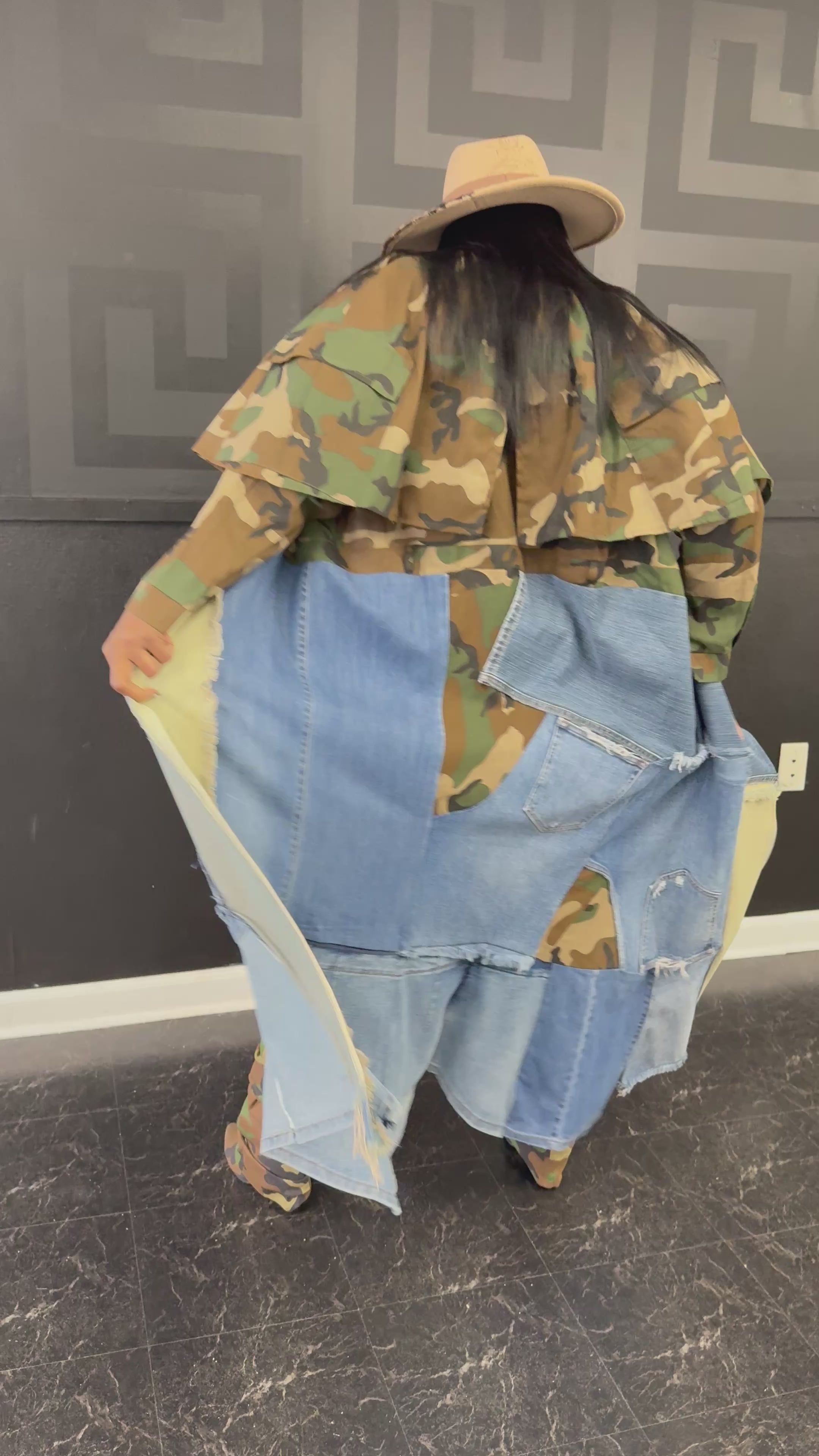 Camo Patchwork Trench | Upcycled Denim Cape Coat | KS Boutique